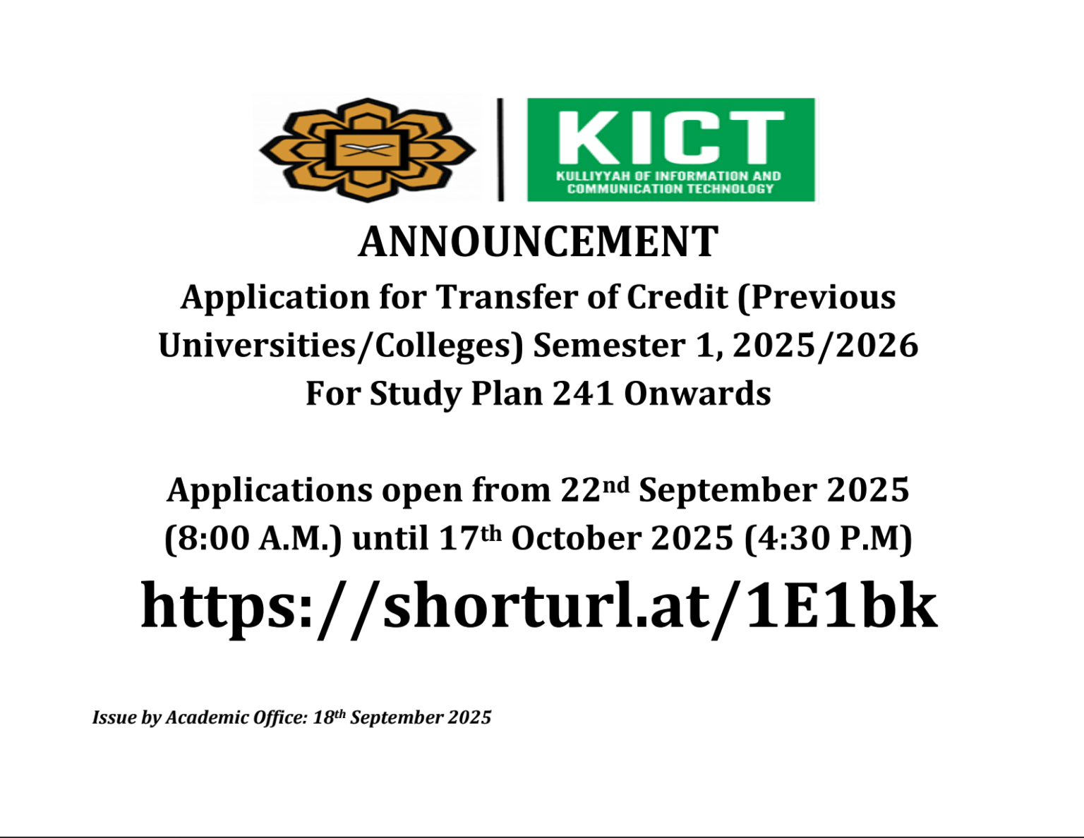 ANNOUNCEMENT Application for Transfer of Credit (Previous Universities ...