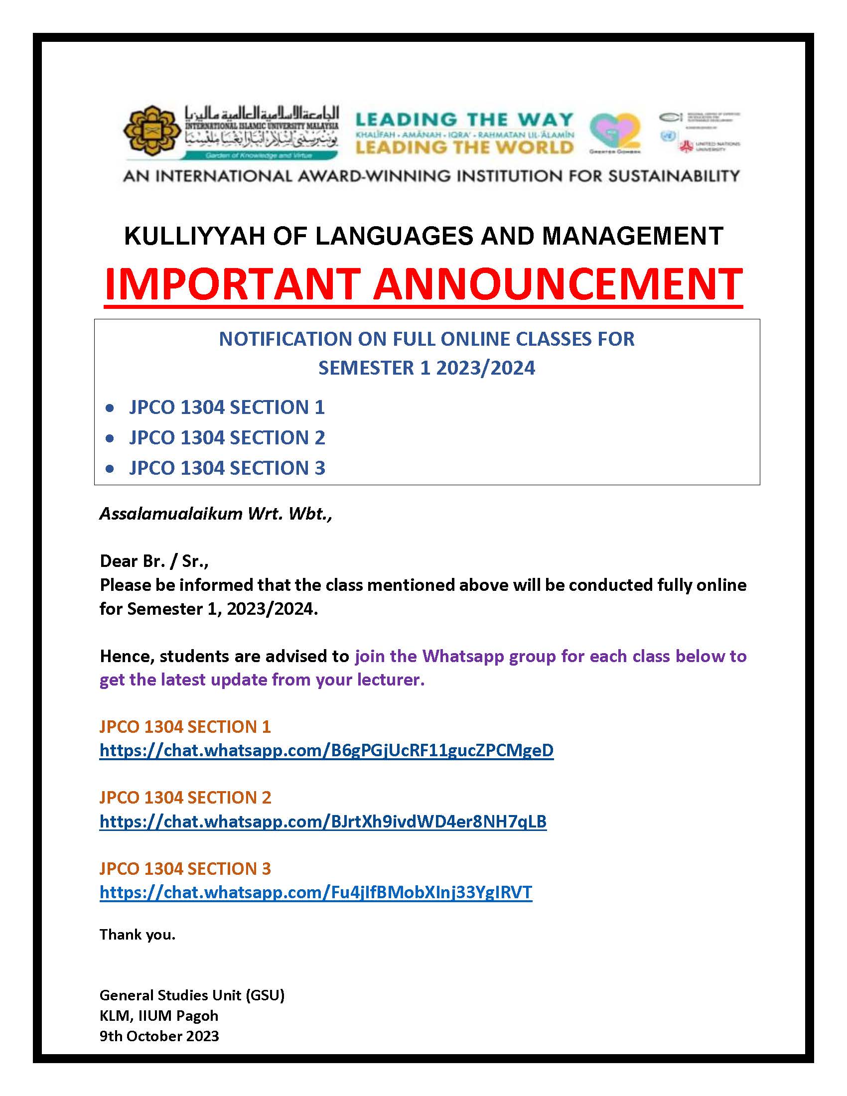 Notification of Full Online Classes for Semester 1, 2023/2024 ...