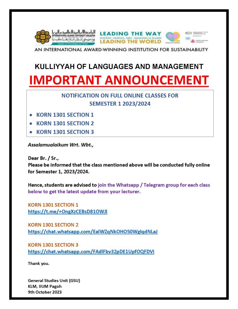 Notification of Full Online Classes for Semester 1, 2023/2024 ...
