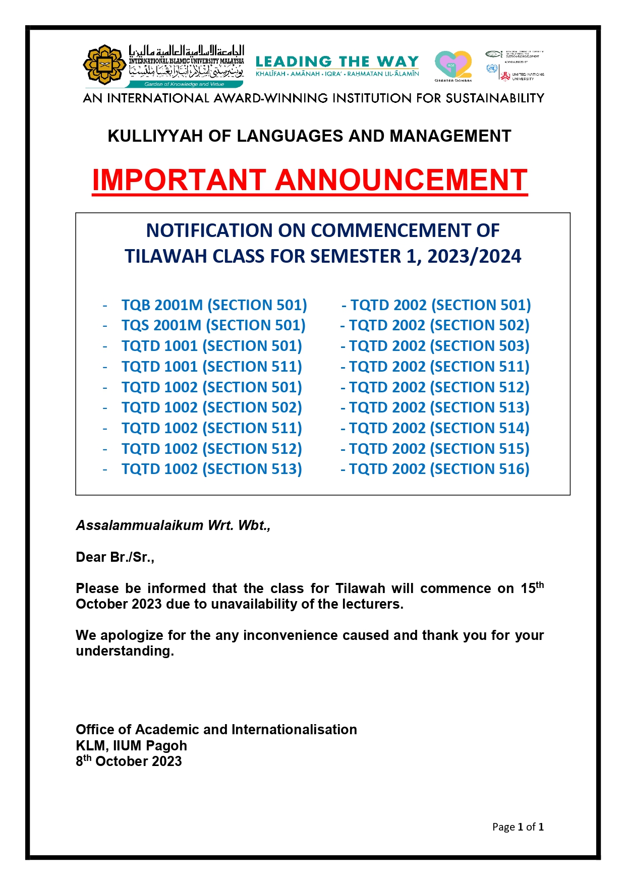 Notification on Class Section Closed for Semester 1, 2023/2024 ...