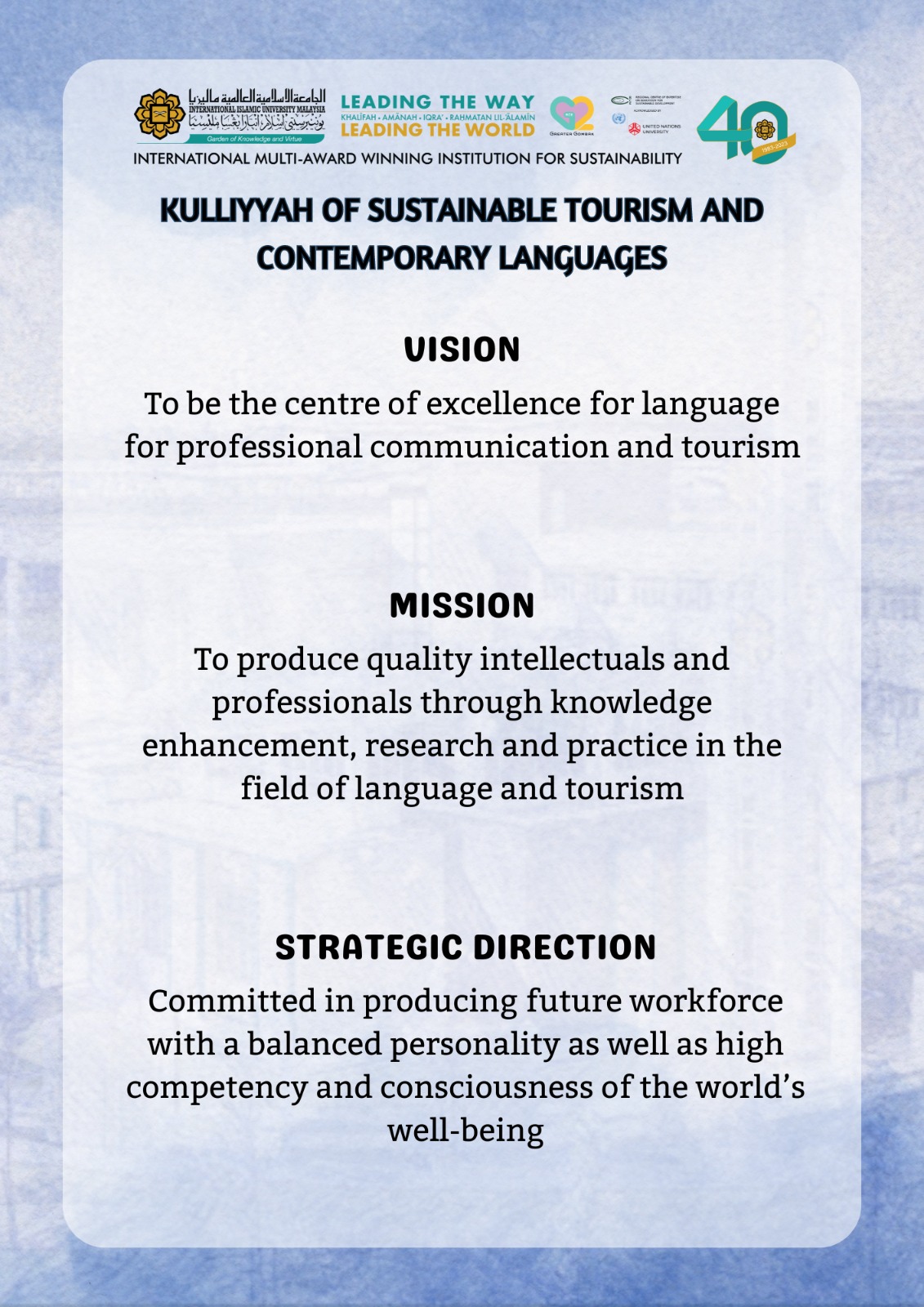 Vision & Mission – Kulliyyah of Sustainable Tourism and Contemporary ...
